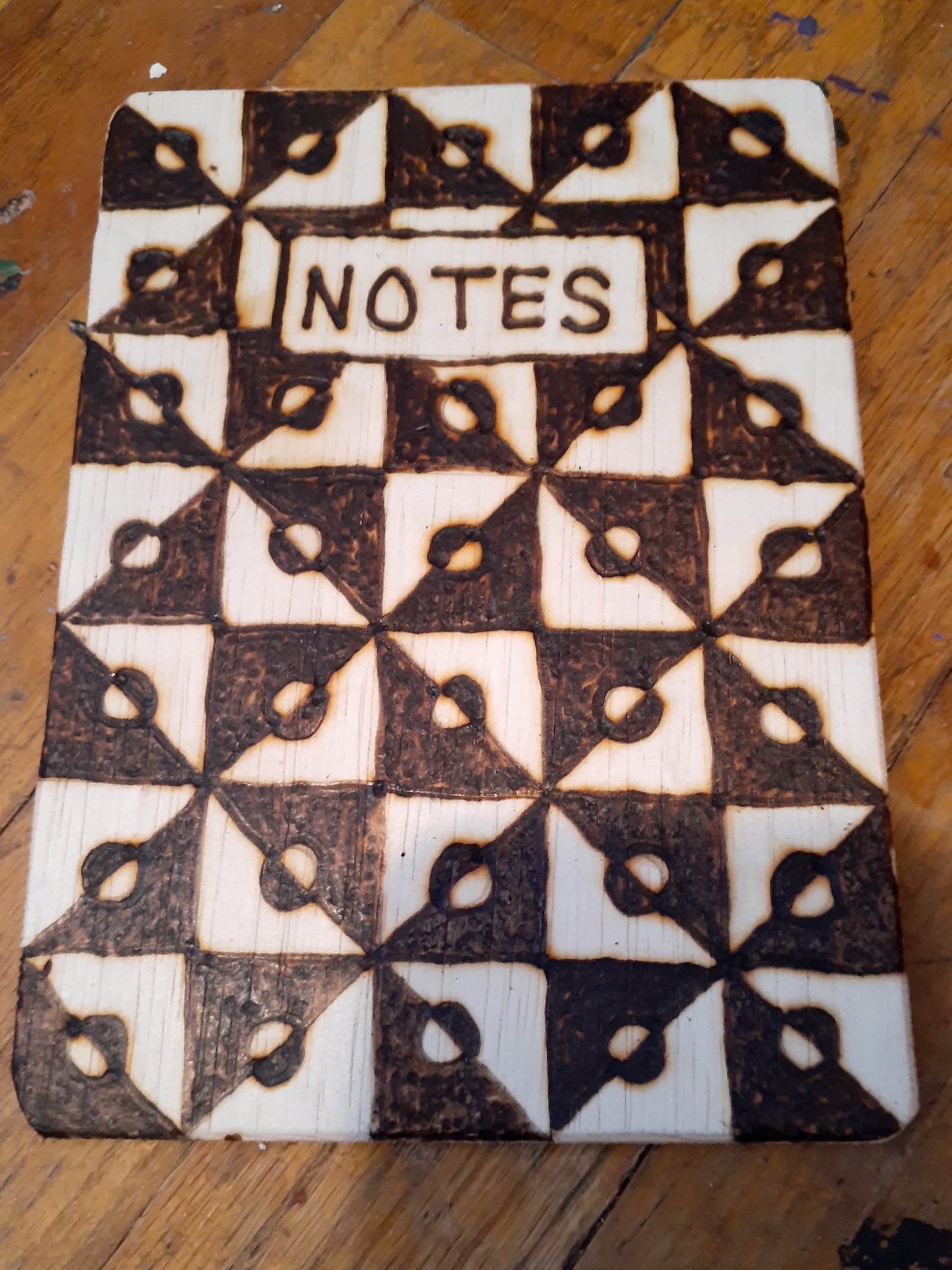 Wood burned Op Art notebook – Quinnfiredesign